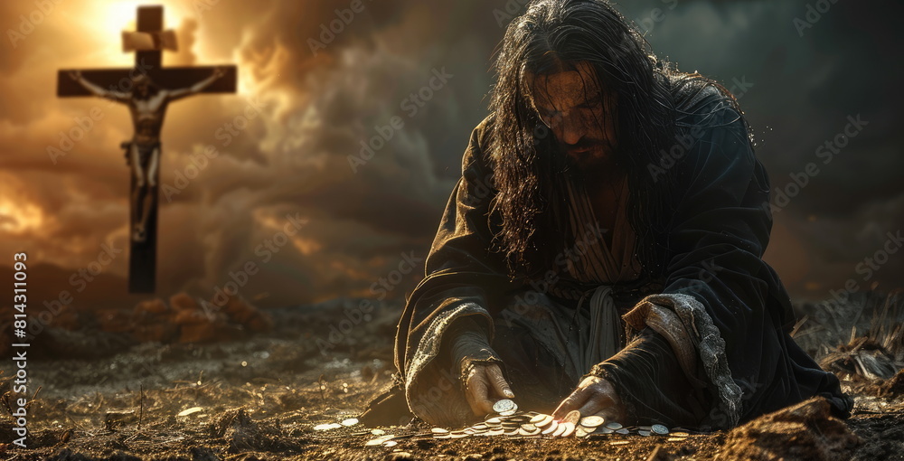 Betrayal scene of Judas thirty pieces of silver, shadow of betrayal and ...