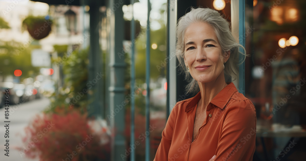An elegant 60-year-old elderly woman in an orange shirt stands outside ...