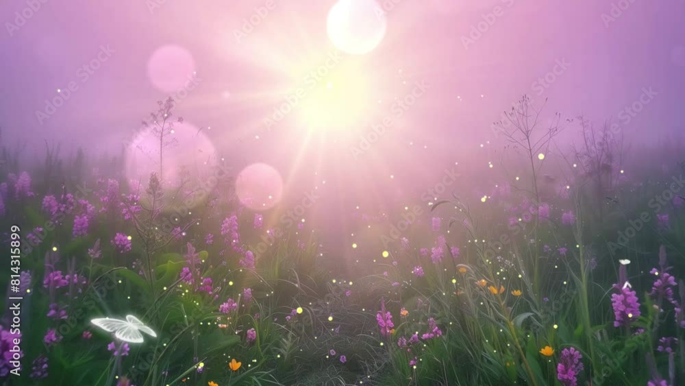 Vidéo Stock nature background with path in a foggy field with blooming ...