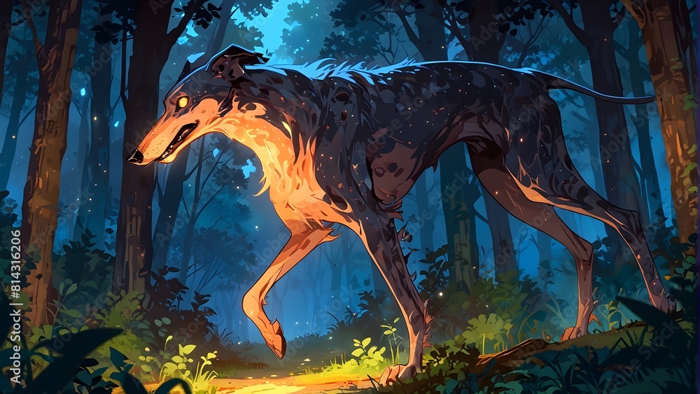 Illustration of a terrifying greyhound dog-like creature, dark magic ...