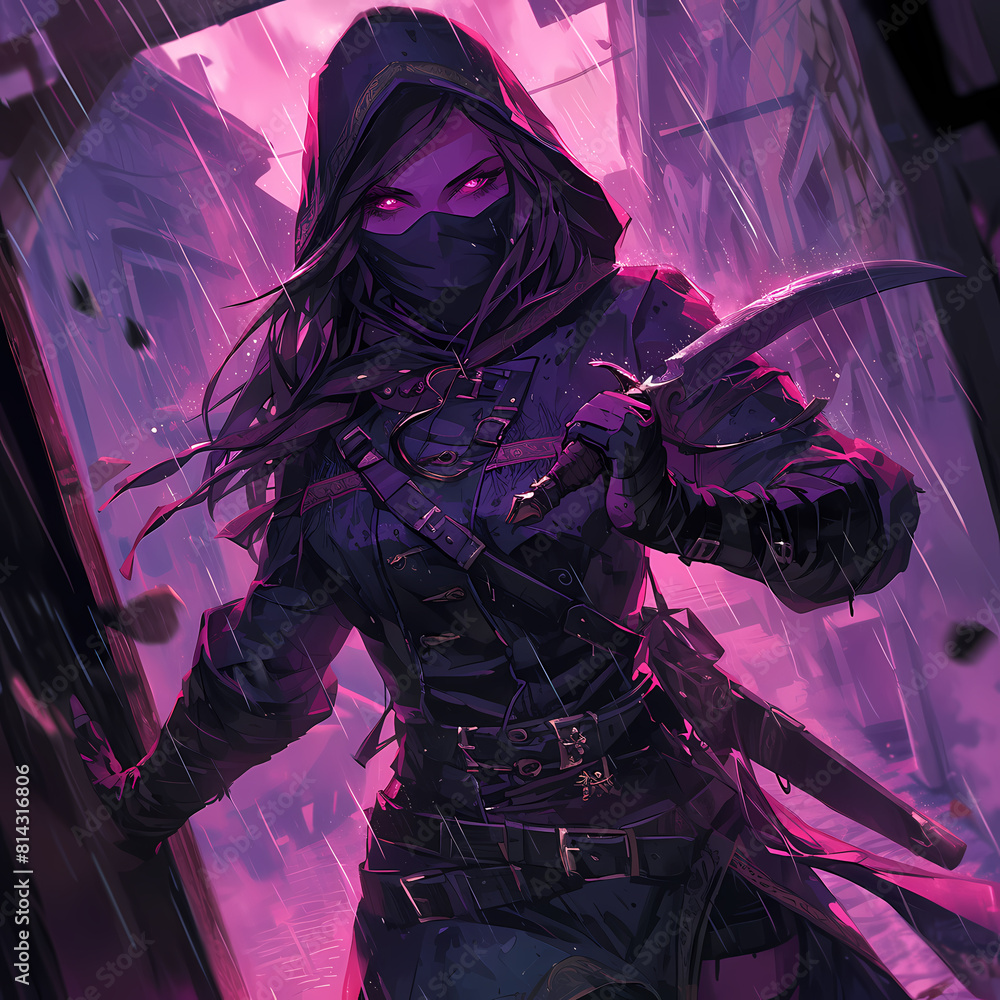 Emerging from the Shadows - A Stylish Female Assassin in a Vivid Purple ...