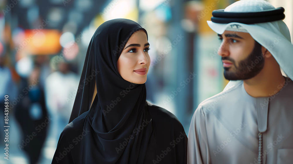 Emirati Husband and Wife together. Middle East woman in Black Hijab ...