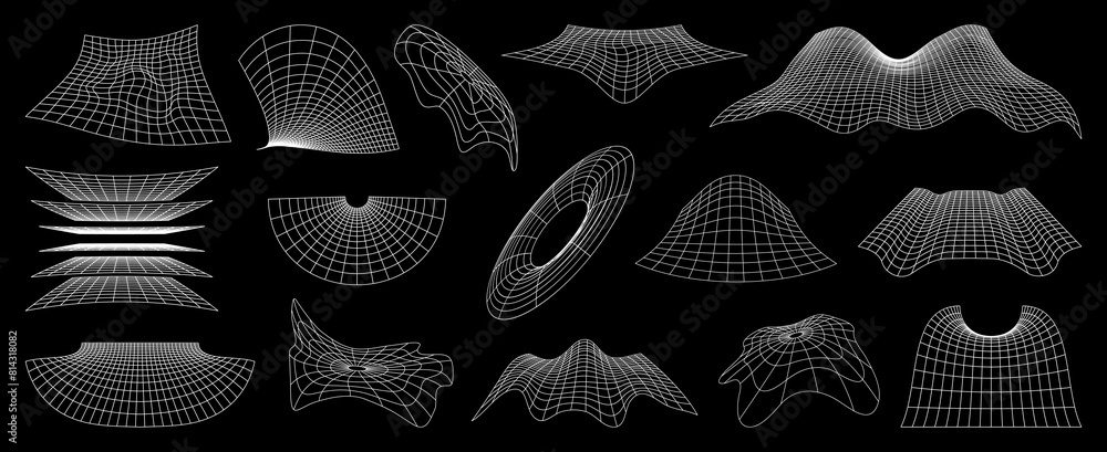 Wireframe grid and mesh, futuristic net. 3d vector set of cyber neo futuristic shapes, wavy ...