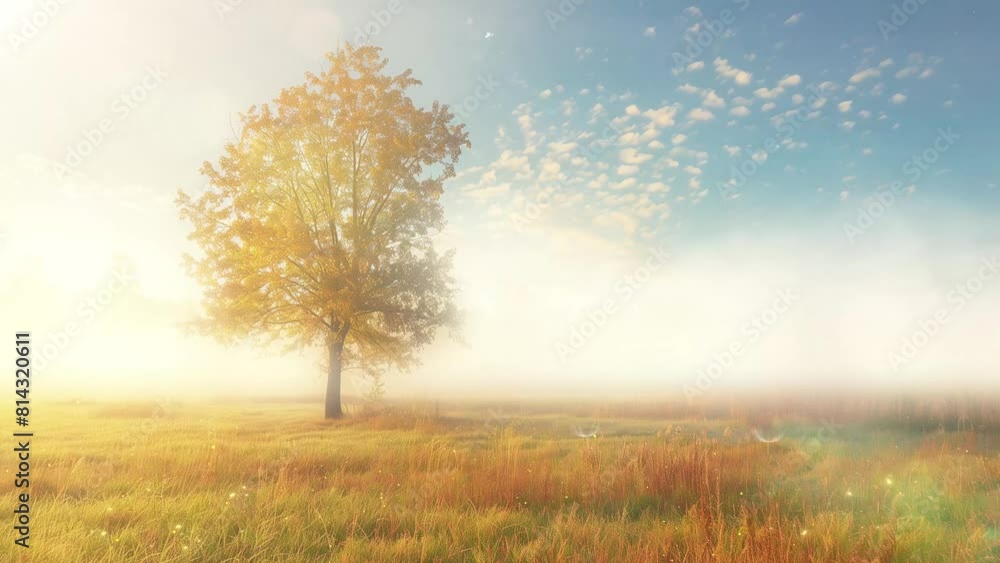 landscape meadow with tree dramatic sky fog and beautiful sky. seamless ...