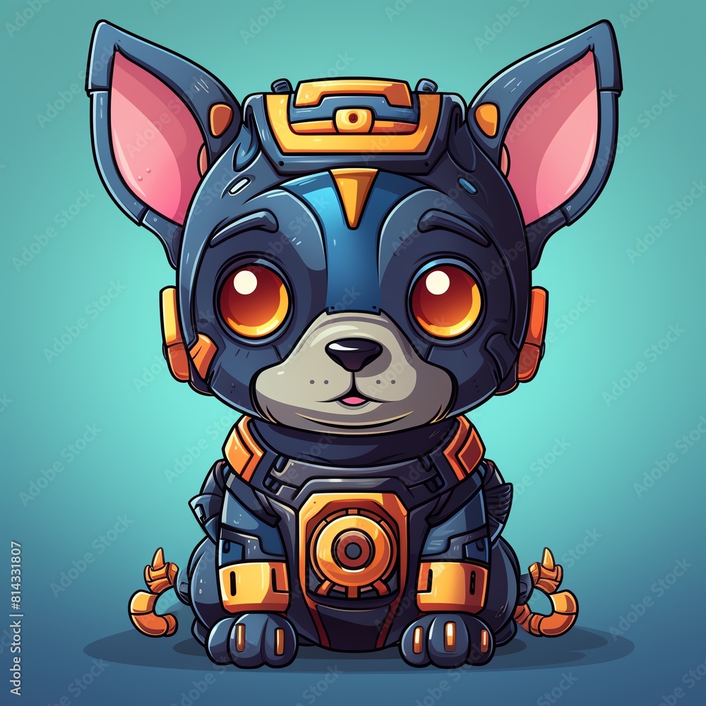 The image shows a cartoon robot dog with blue and yellow details. It ...