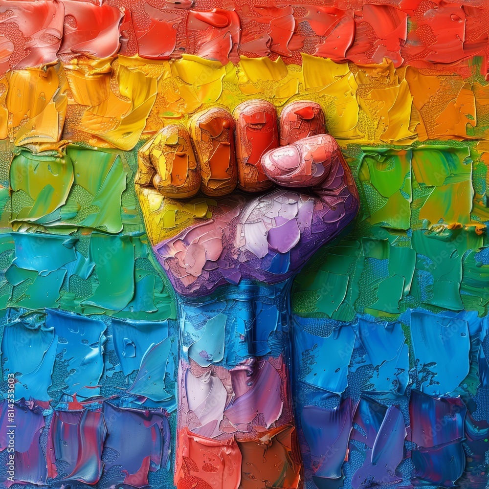 Pride fist, LGBT gay, rainbow hand LGBTQ flag day fight, oil painting ...