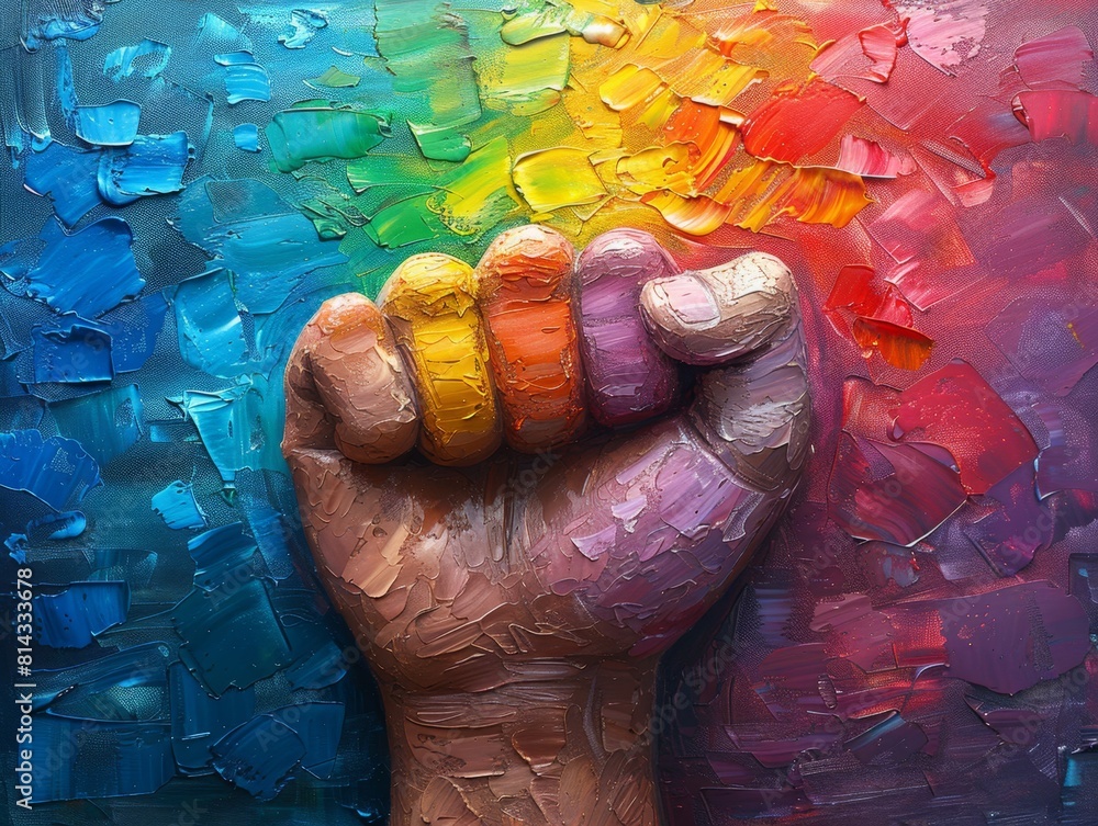 Pride fist, LGBT gay, rainbow hand LGBTQ flag day fight, oil painting ...