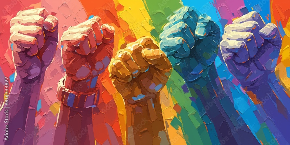 Pride fist, LGBT gay, rainbow hand LGBTQ flag day fight, oil painting ...