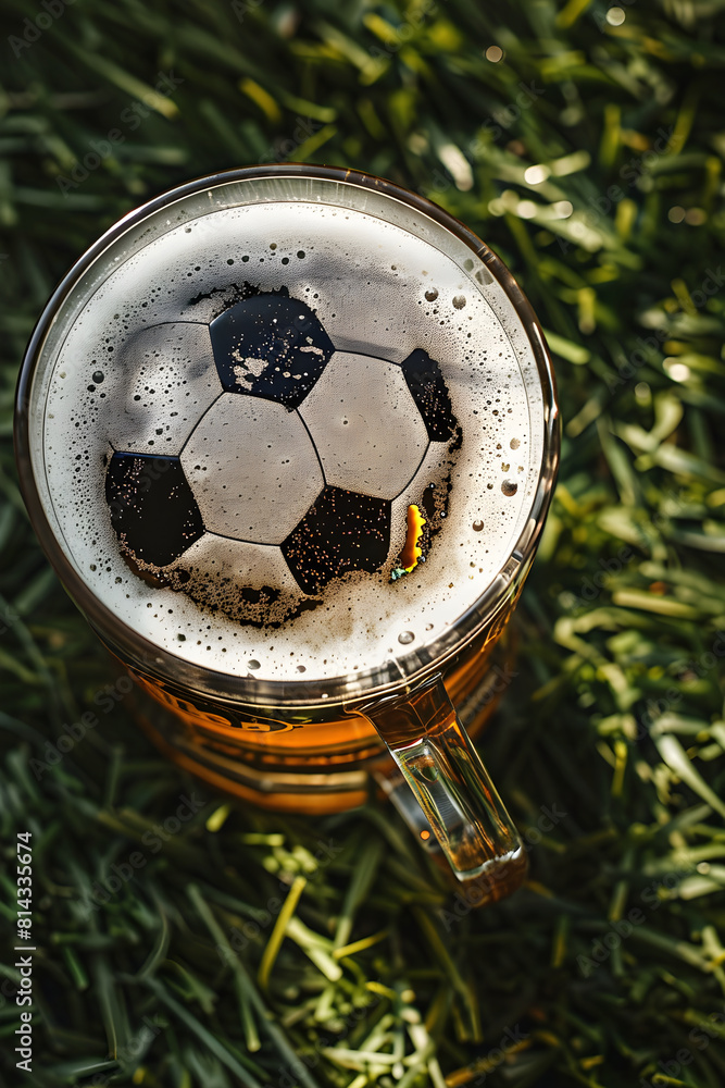 Soccer ball symbol on foam of fresh lager beer glass on green grass ...