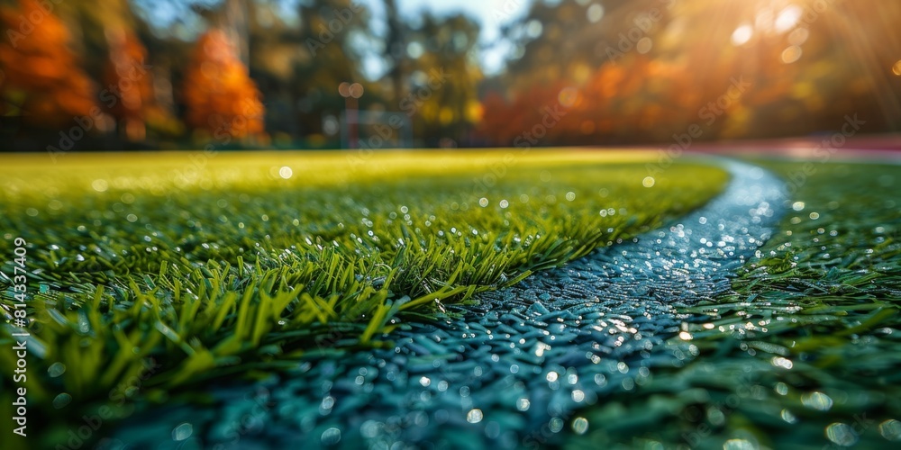Close-up of artificial turf, grass track and field track on soccer ...
