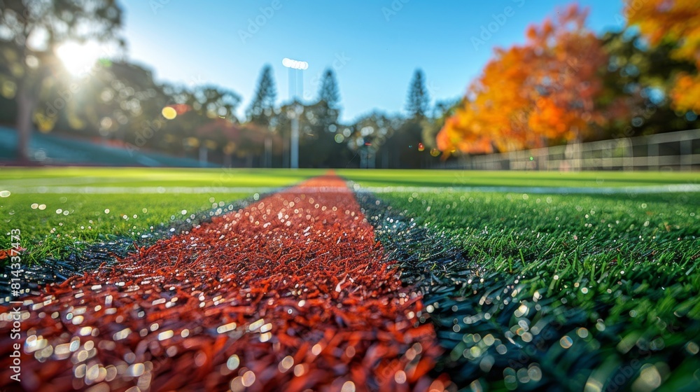 Close-up of artificial turf, grass track and field track on soccer ...