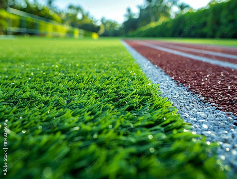 Close-up of artificial turf, grass track and field track on soccer ...
