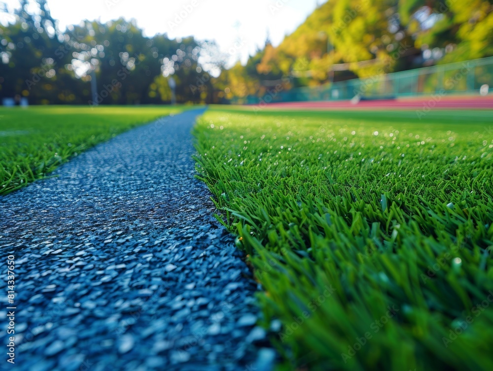 Close-up of artificial turf, grass track and field track on soccer ...