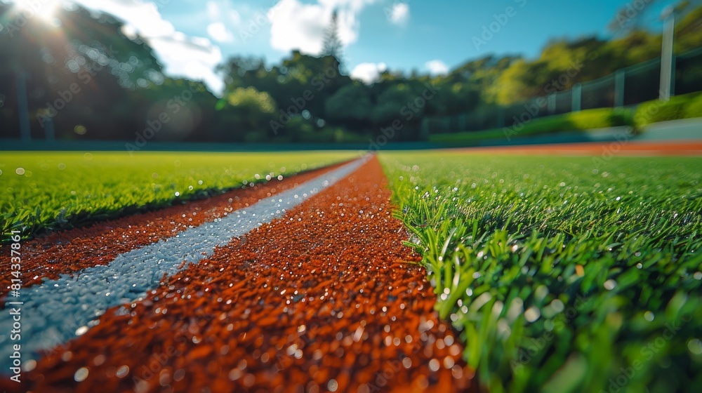 Close-up of artificial turf, grass track and field track on soccer ...