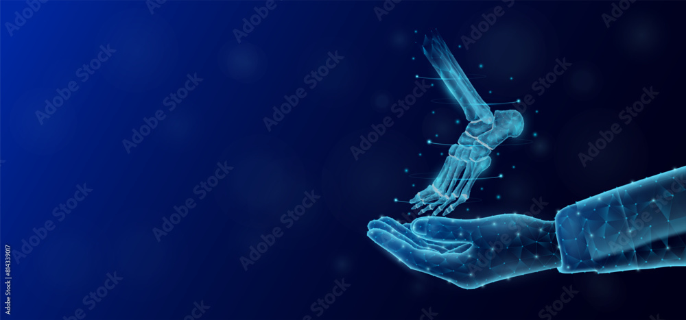 Ankle joint bone floats in the nurse doctor hand. Human organ low poly ...