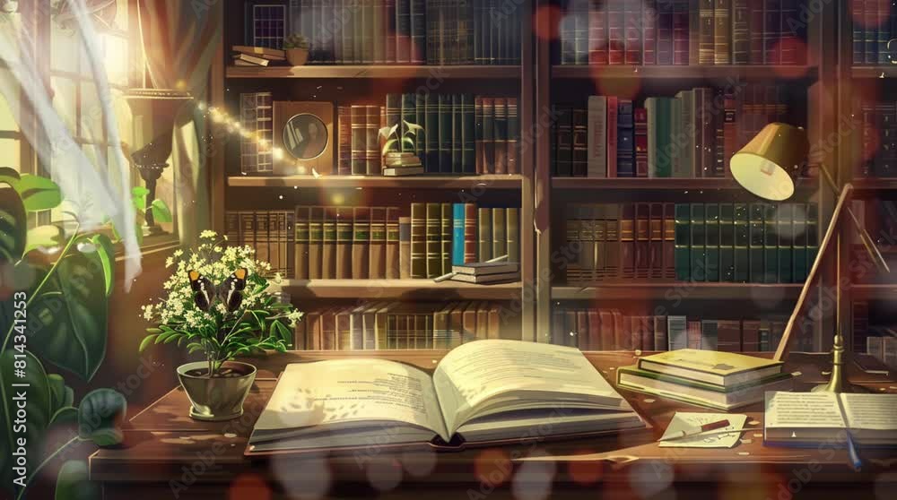 open book in library with floral decoration in fantasy style. cartoon ...