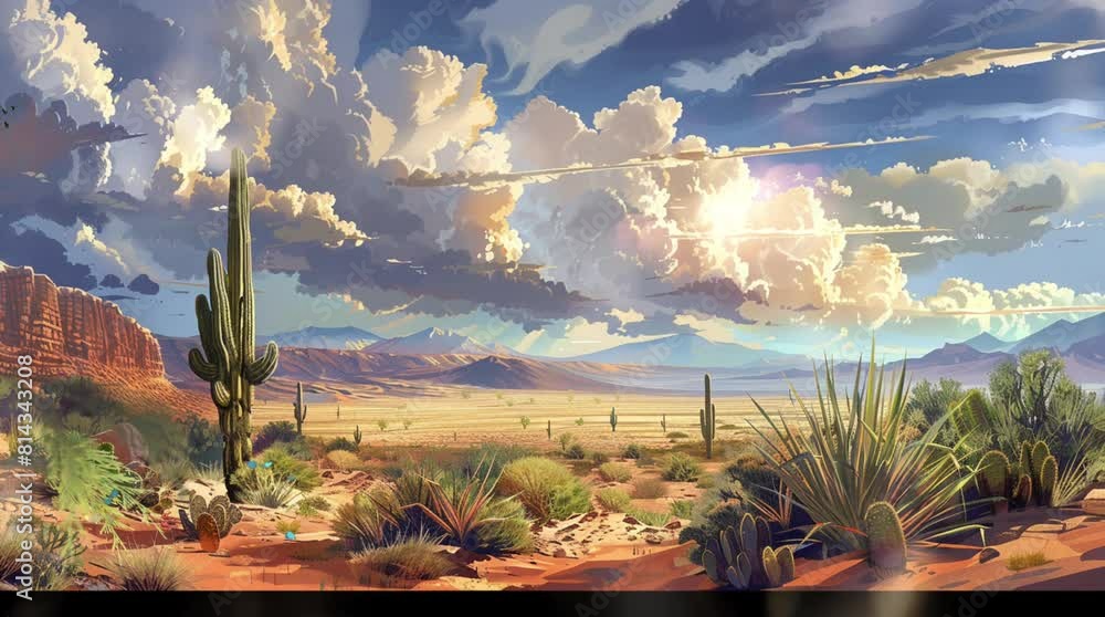 illustration cloudy sky in a rocky desert with mountain views. Middle ...
