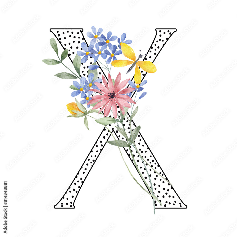 Letter X, floral monogram with watercolor wild flowers and leaf ...