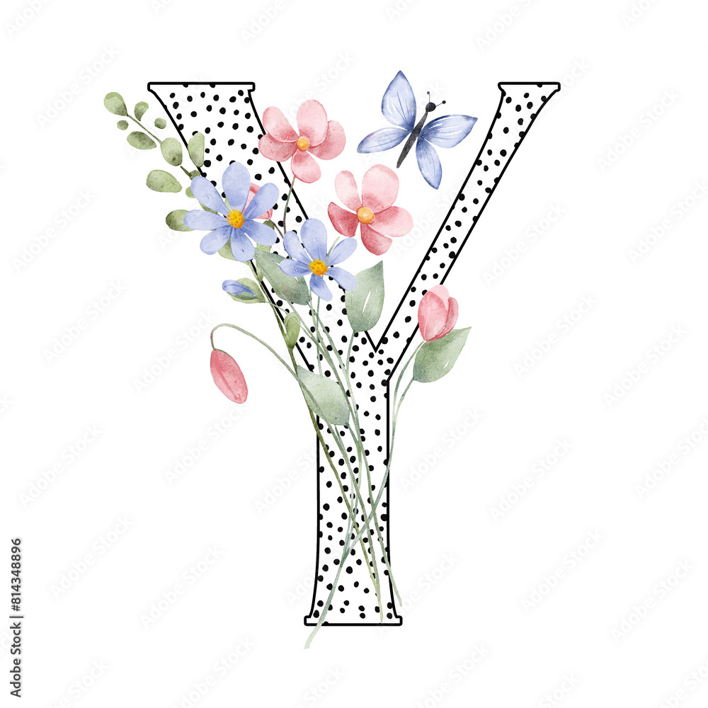 Letter Y, floral monogram with watercolor wild flowers and leaf ...