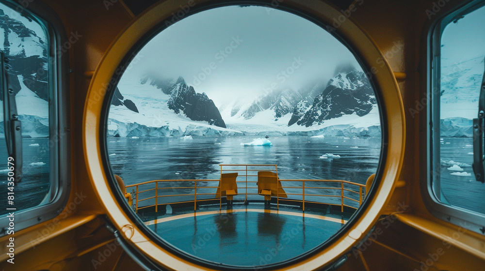 Circular window on a ship with icebergs floating in the sea outside ...