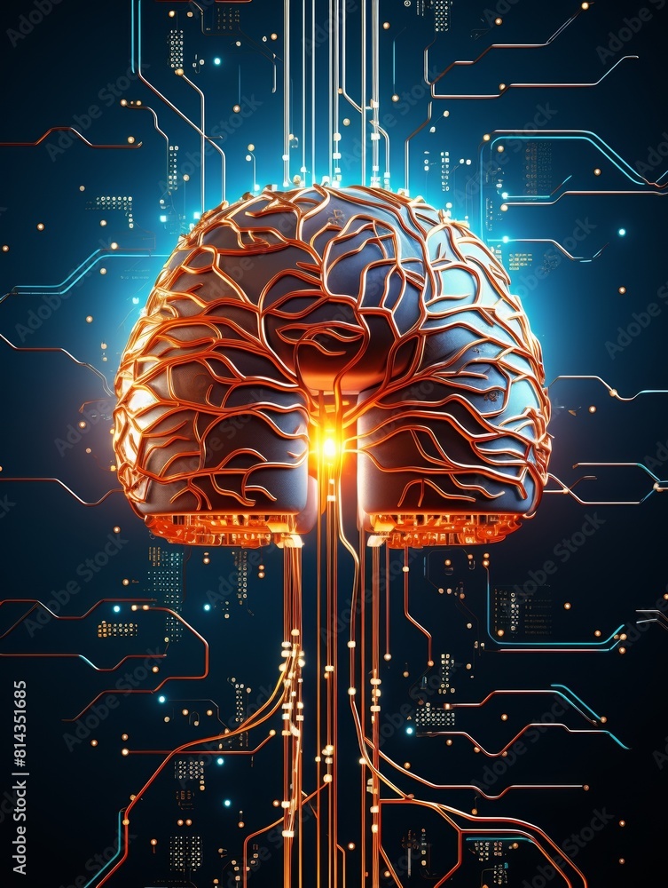 The image shows a glowing brain made of metal with circuit board ...