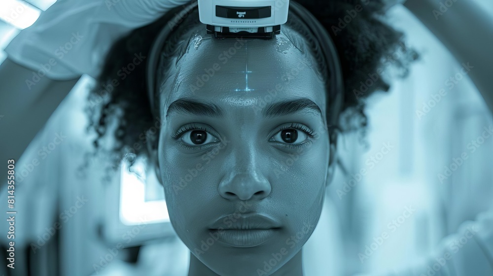 Applying a thermal scanner to a students forehead, front view Fever ...