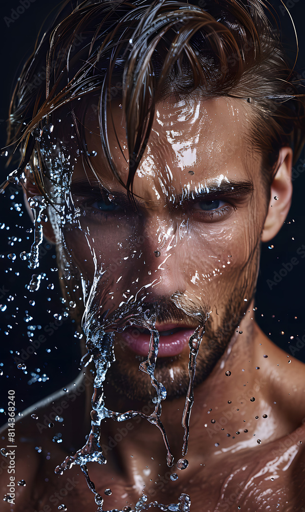 Smiling model washing face with clean water in a spa shower, generative ...