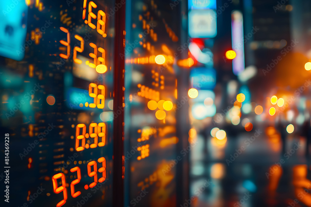 Glowing stock market numbers on digital displays with a blurred ...