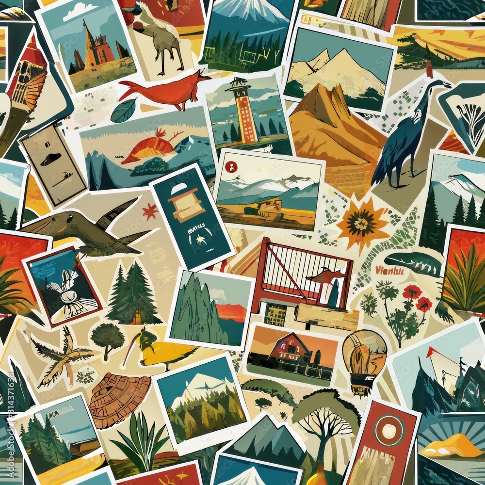 Seamless pattern of vintage postcards with illustrations of wildlife ...