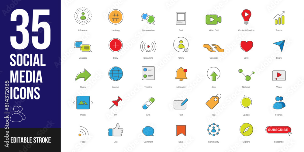 Social media network icon set in color style. Social media network icon ...