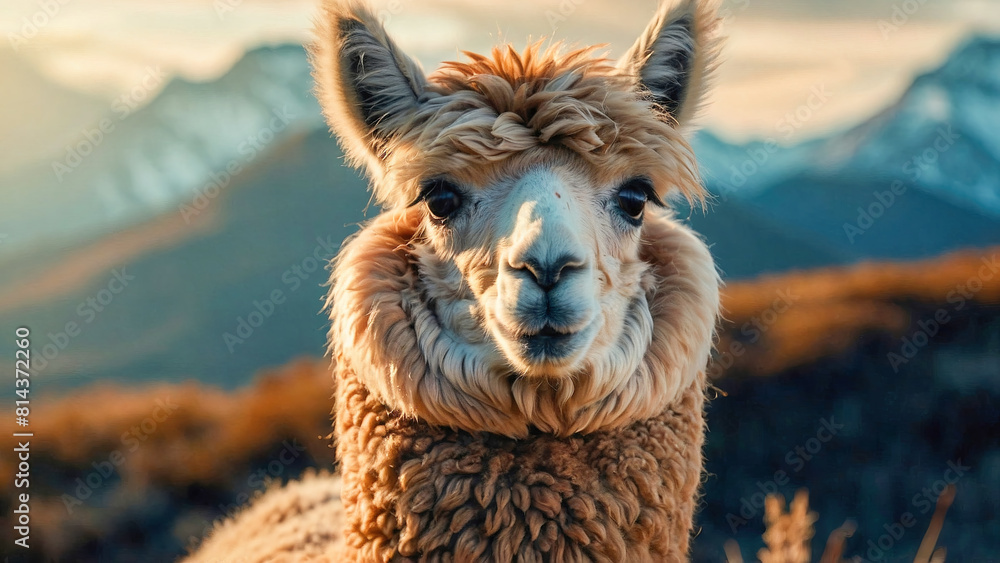 Cute furry alpaca portrait. The llama, Lama glama domesticated South ...