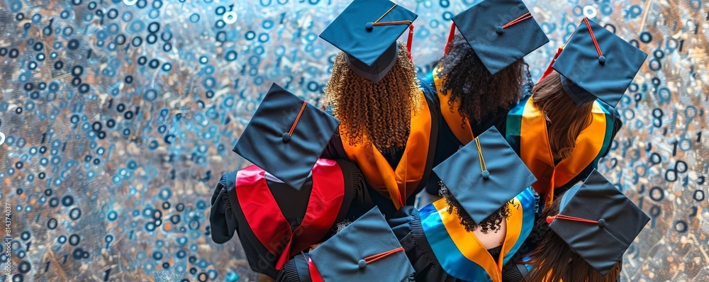 Image description: A group of diverse college graduates in colorful ...