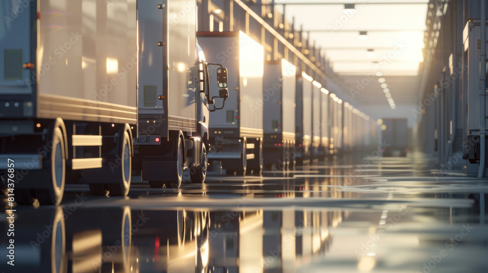 Delivery trucks are lined up in readiness, their cargo holds filled ...
