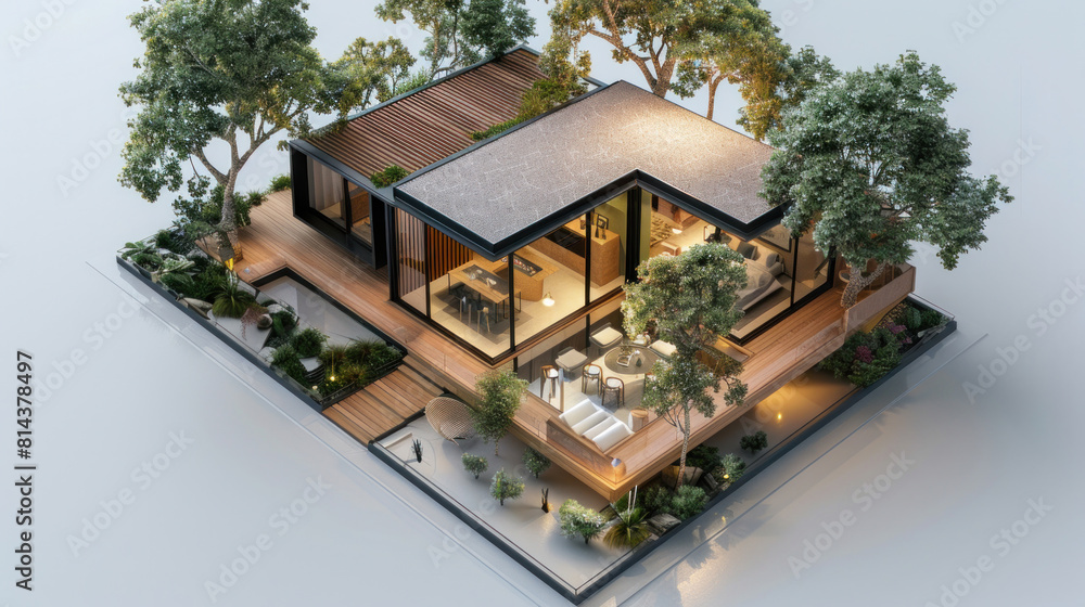 a 3D small house model is intricately mapped onto the architecture ...