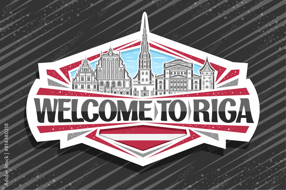 Vector logo for Riga, white decorative label with outline illustration ...