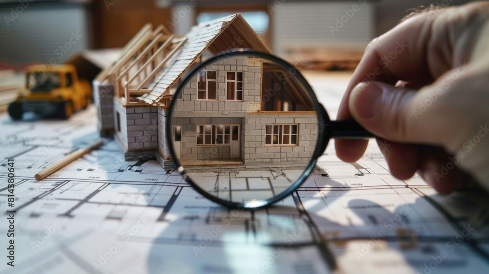 Architect uses a magnifying glass to inspect the construction of a new ...