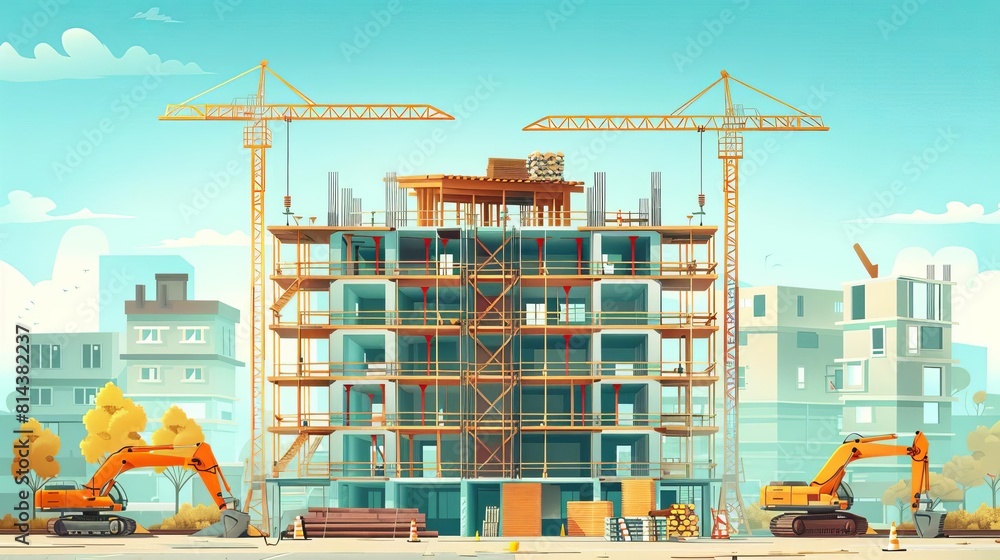 Resource allocation flat design front view construction theme cartoon ...