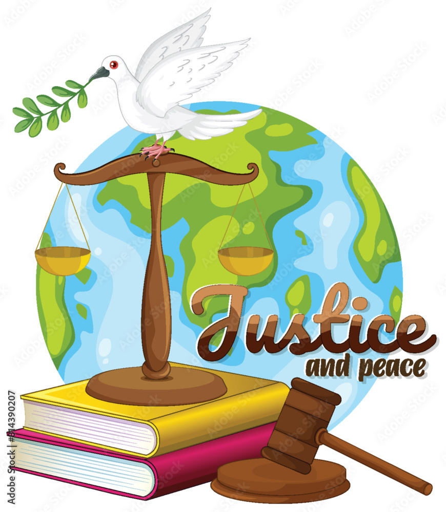 Dove, scales, books, and gavel on Earth backdrop Stock Vector | Adobe Stock