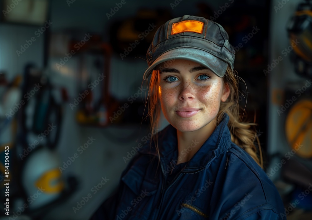 woman wearing hat jacket garage rugged ship captain girl portrait ...
