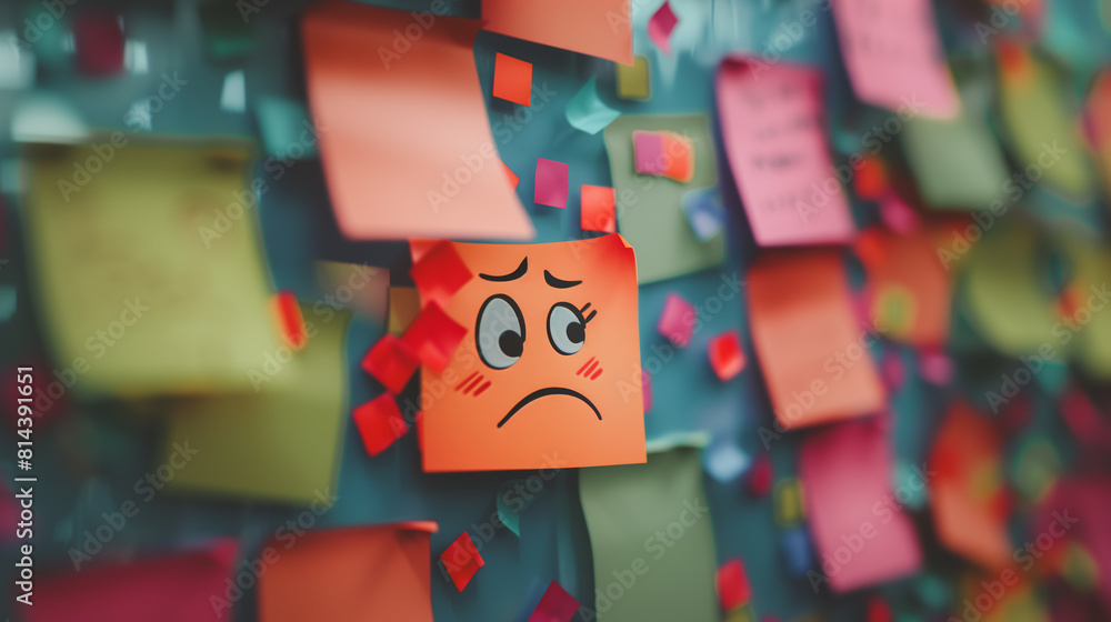 Close-up of a sad emoticon face on a sticky note among many, surrounded ...