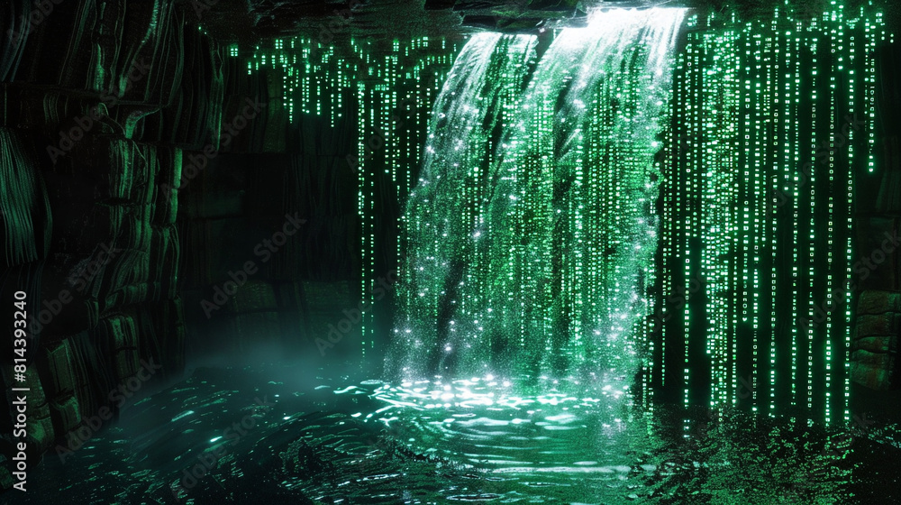 Virtual waterfall, streams of matrix green codes over a dark abyss ...