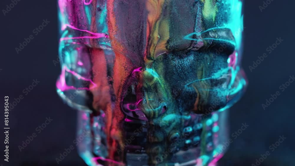 Paint skull. Glitter fluid spill. Occult witchcraft. Blur metallic ...