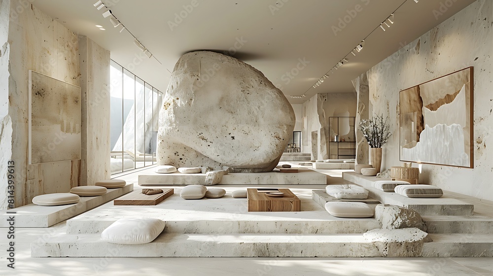 Detailed gallery-style living room showcasing a large sculptural ...