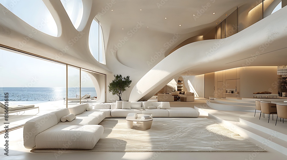 Detailed view of a living room with a bold architectural design ...