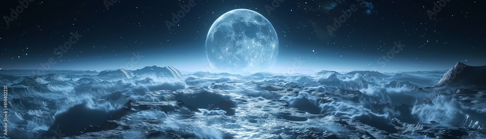 The moon is rising over the horizon of a frozen planet. The surface is ...