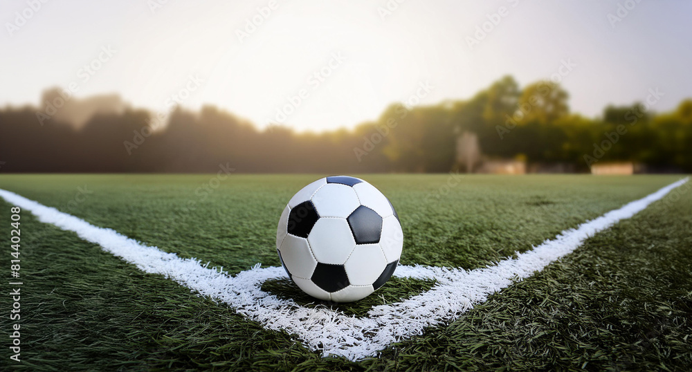 Football, or soccer ball, on the corner spot of an amateur football ...