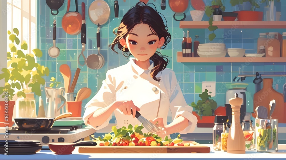 Young asian woman chef cooking preparing a food wearing uniform in ...