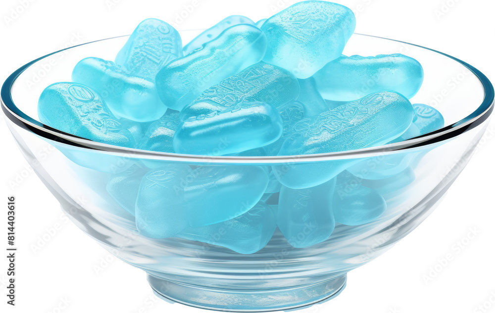 glass bowl of sky blue jelly candy isolated on white or transparent ...