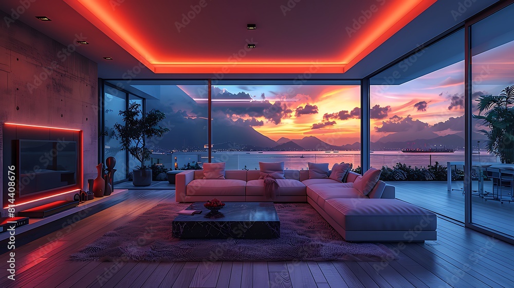 Hyperrealistic view of a high-tech living room with advanced ...
