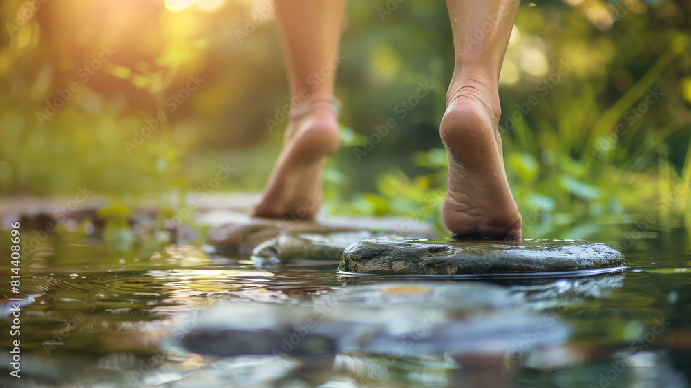 Woman's feet walking on a stone path through a streamin the tropical ...